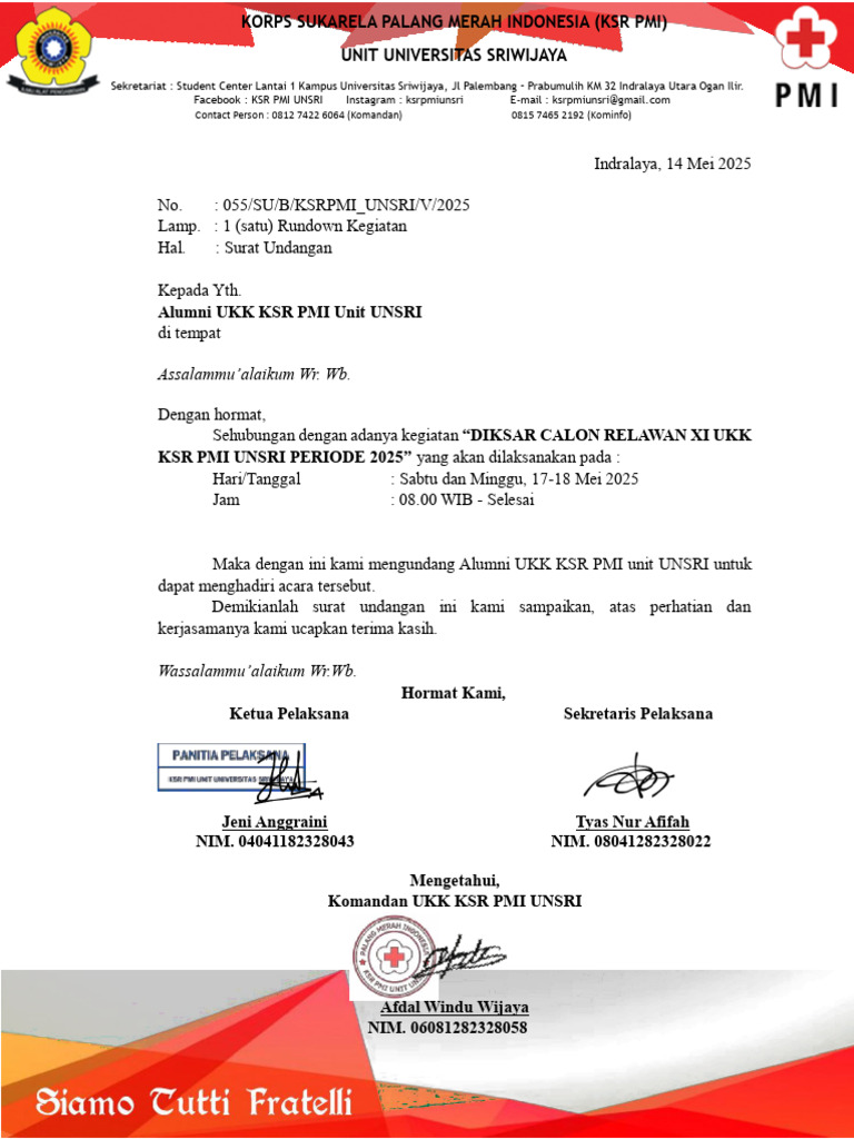 Undangan DIKSAR Relawan KSR PMI UNSRI | PDF