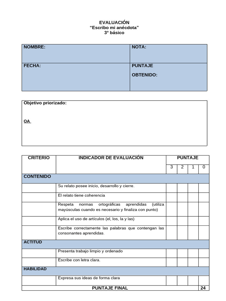 Pauta evaluación - escribo mi anecdota | PDF