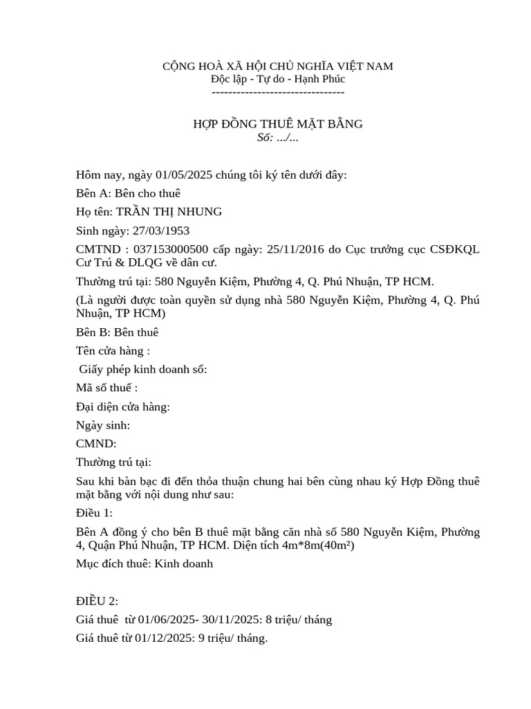 Hop Dong Thue Mat Bang 1308171259 | PDF