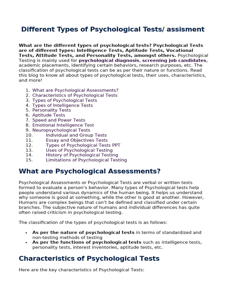 Different Types of Psychological Tests | PDF | Psychological Testing ...