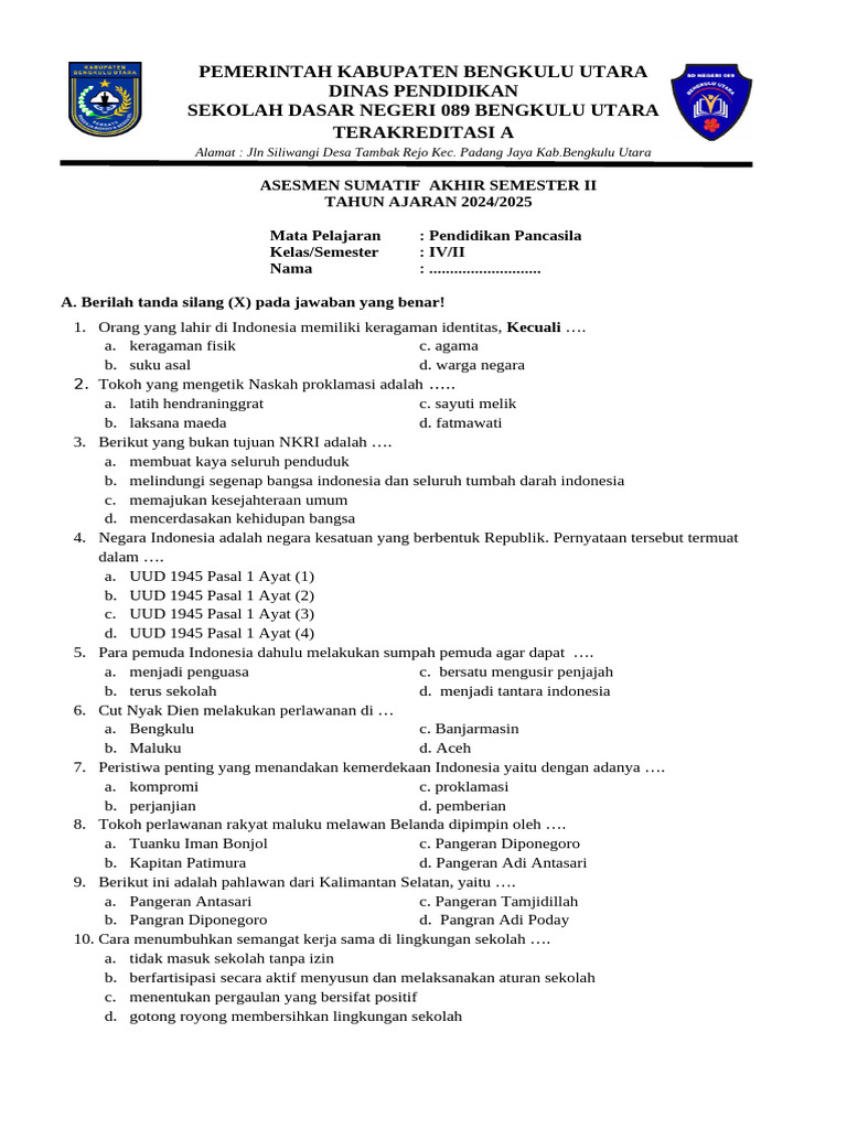 MASTER SOAL PKN KELAS 4 SMS 2 | PDF