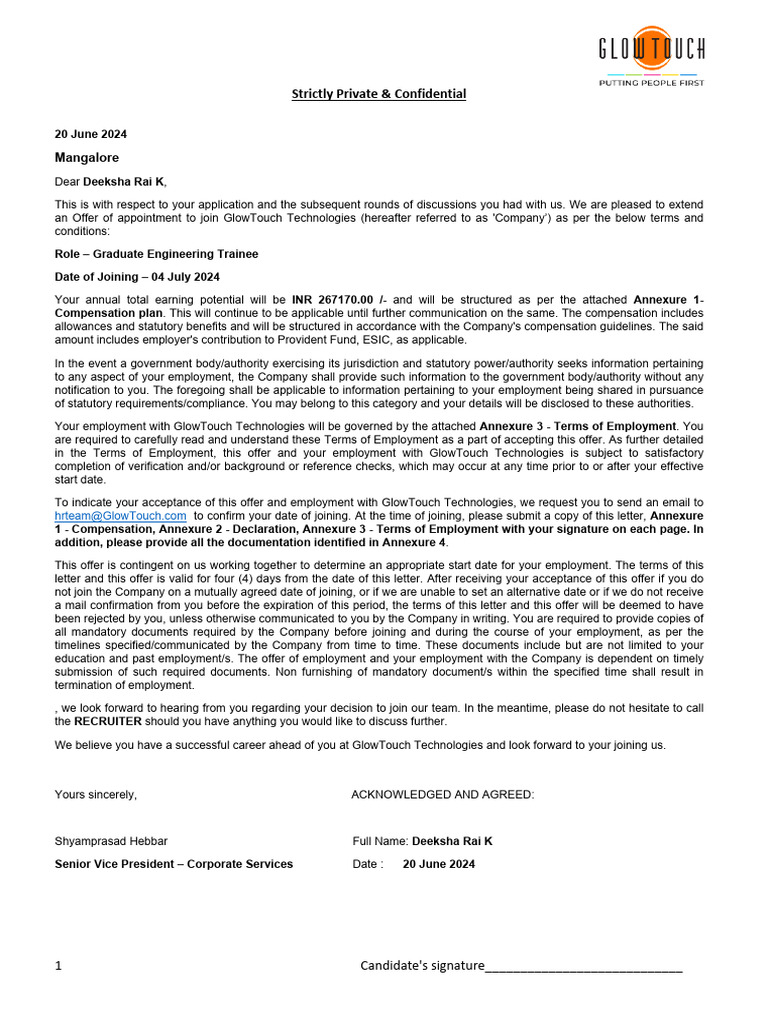 Offer Letter_Deeksha K_Graduate Engineering Trainee | PDF | Employment ...