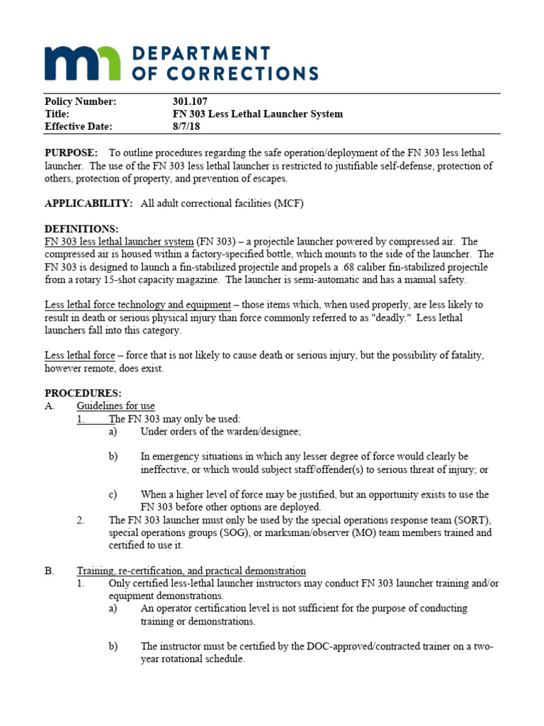 FN 303 Less Lethal Launcher Guidelines | PDF | Deadly Force | Ballistics
