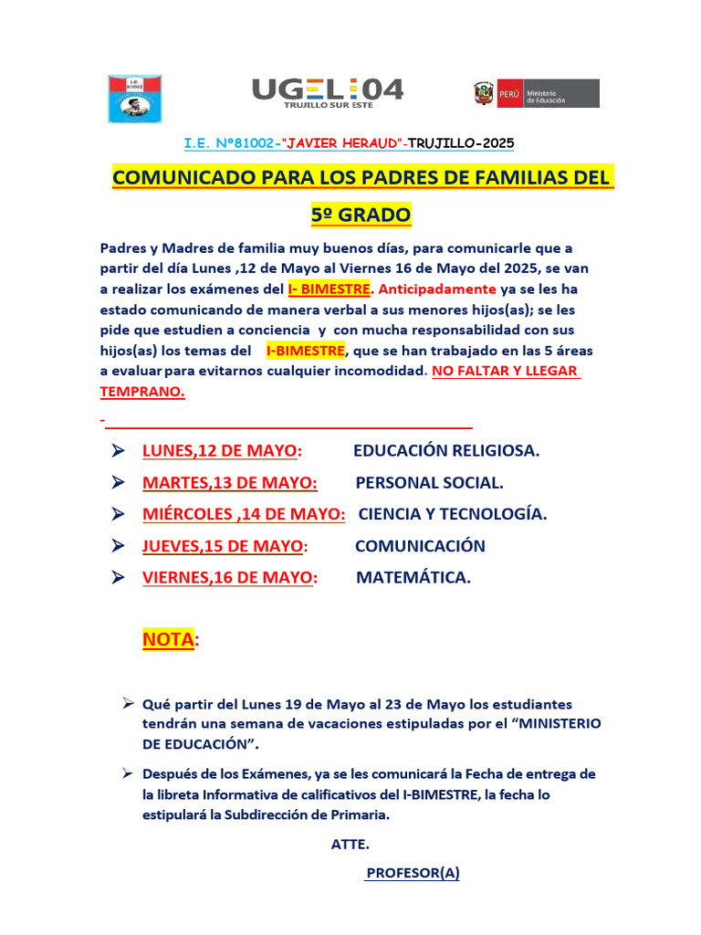 Comunicado para Padres de Familias Del Quinto Grado .A-B-C-D-E | PDF