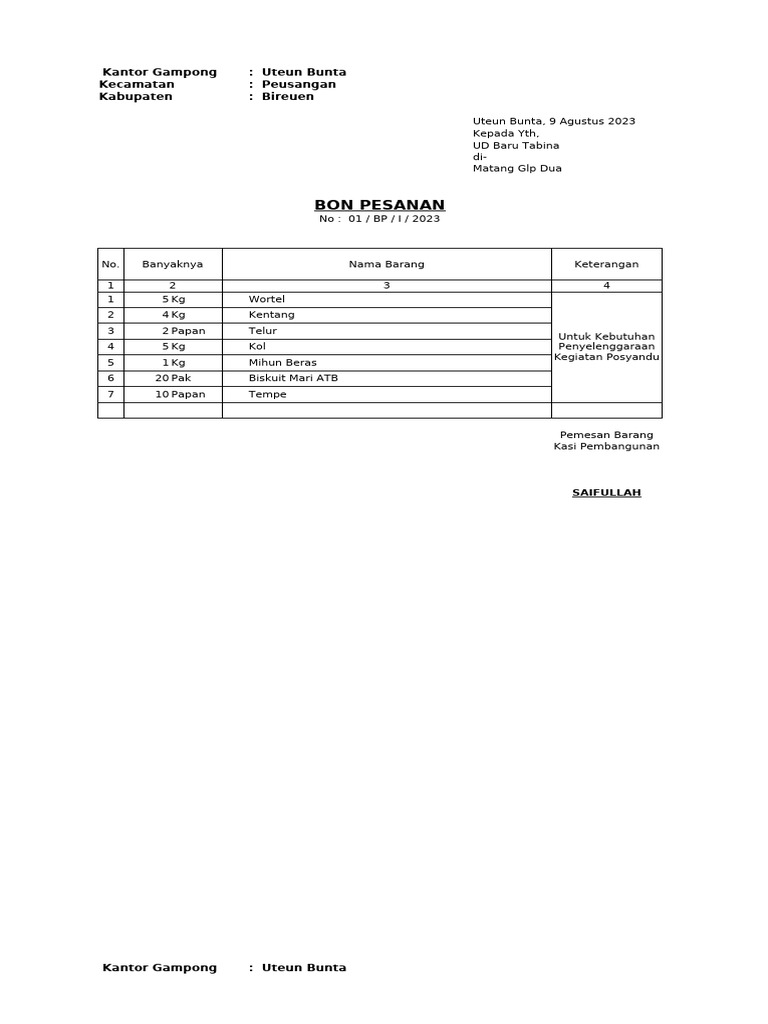 Bon Pesanan Agustus | PDF