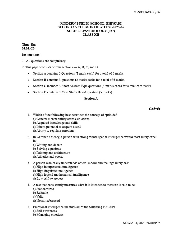Psychology Monthly Test Class XII | PDF | Intelligence | Psychology