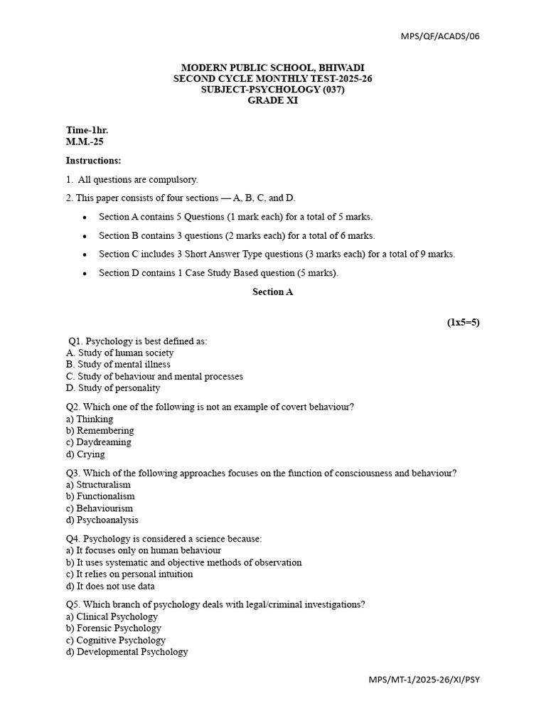 Monthly Test MAY 2025-GRADE 11 (PO) | PDF | Psychology | Cognition
