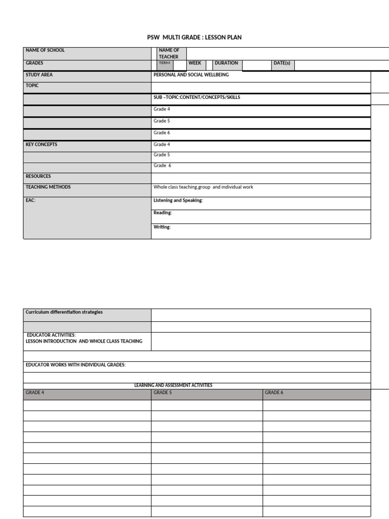 MULTI GRADE PSW LESSON PLAN | PDF