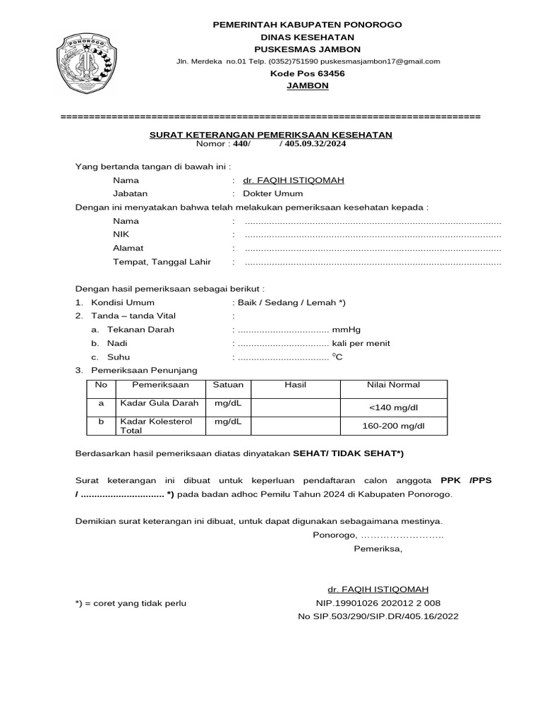 Form Surat Sehat KPU | PDF