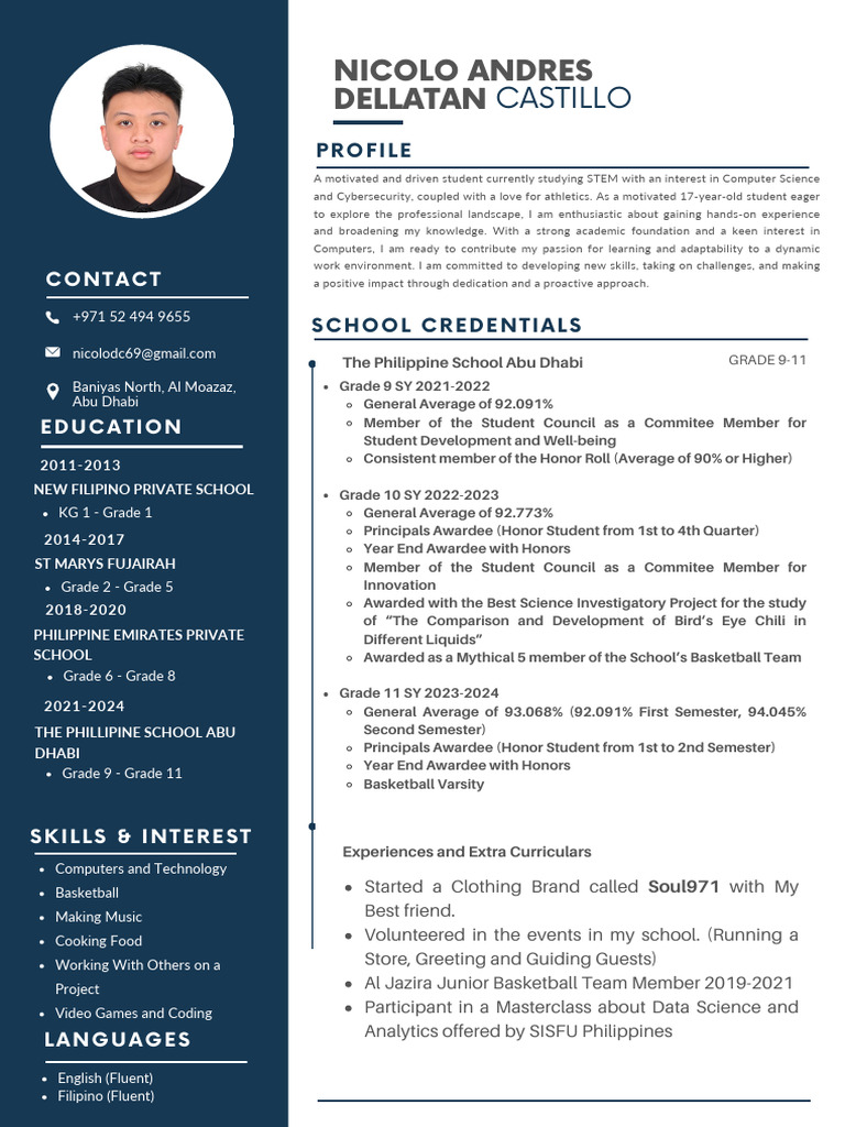Nicolo Andres Dellatan Castillo CV.pdf | PDF | Learning | Cognition