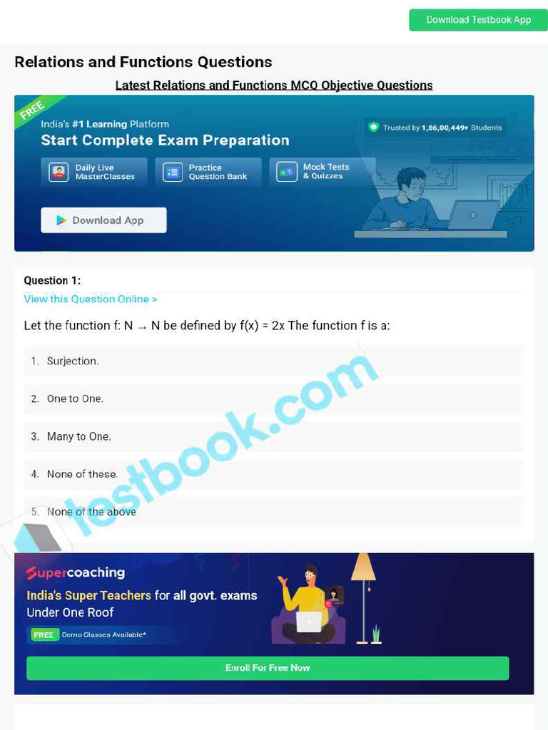 MCQ On Relations and Functions 5eea6a1439140f30f369f1ed | PDF