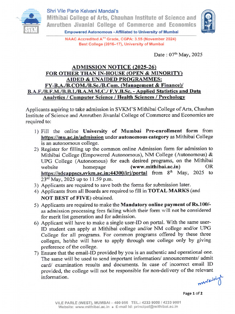 FY Admission 25 26 Outsider Students | PDF