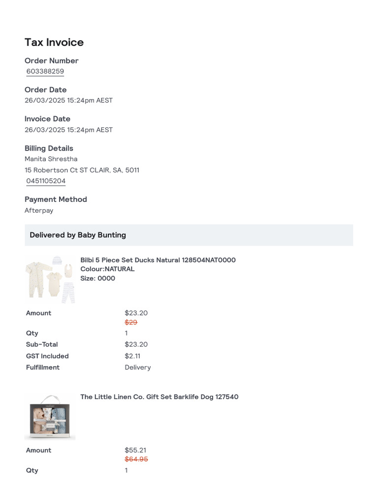 Baby Bunting Tax Invoice Details | PDF
