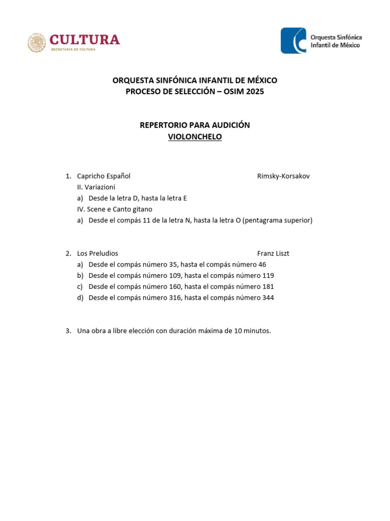 Audicion Osim2025 Violonchelo | PDF