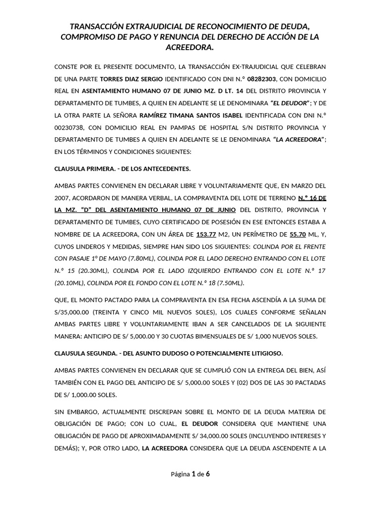 Contrato de Transaccion Extrajudicial | PDF | Pagos | Justicia