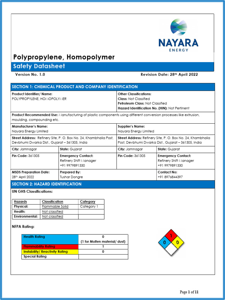 Polypropylene Homopolymer Safety Datasheet | PDF | Dangerous Goods ...