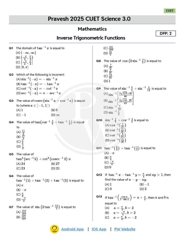 Inverse Trigonometric Functions: DPP 02 (Extra DPP) - Pravesh 2025 CUET Science 3.0 | PDF ...