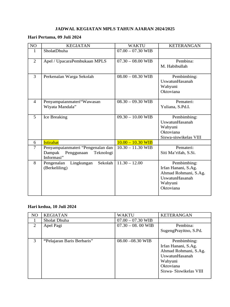 JADWAL KEGIATAN MPLS TAHUN AJARAN 2024 | PDF