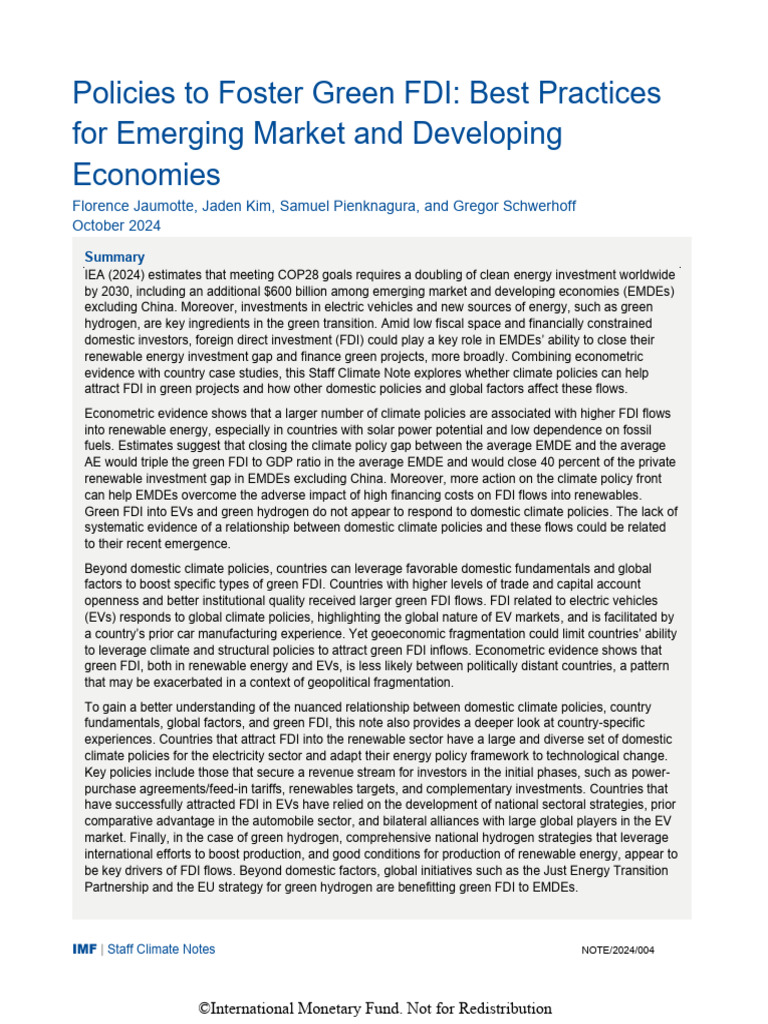 Policies To Foster Green FDI - Best Practices For Emerging Market and ...