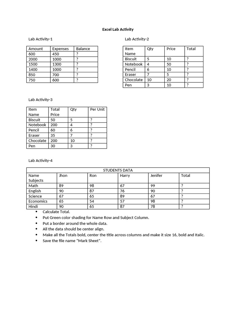 Excel Lab Activity | PDF