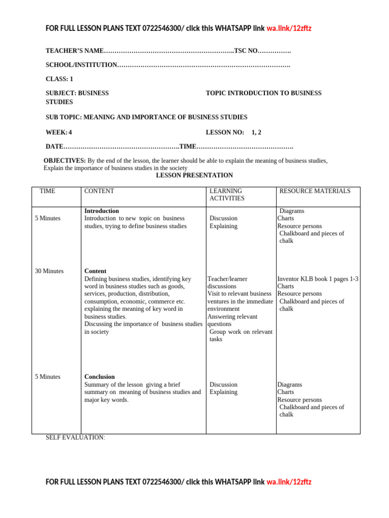 Business Lesson PlanS Form 1 2 3 4 Sample | PDF | Lesson Plan | Education Theory