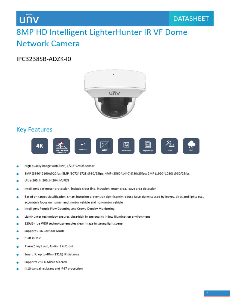 UNV 【Datasheet】IPC3238SB-ADZK-I0 8MP HD Intelligent LighterHunter IR VF Dome Network Camera ...