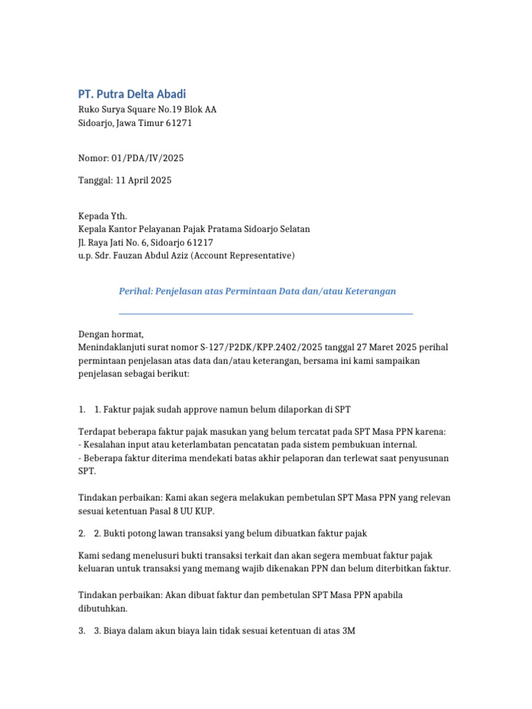Surat Penjelasan Pajak PDA | PDF