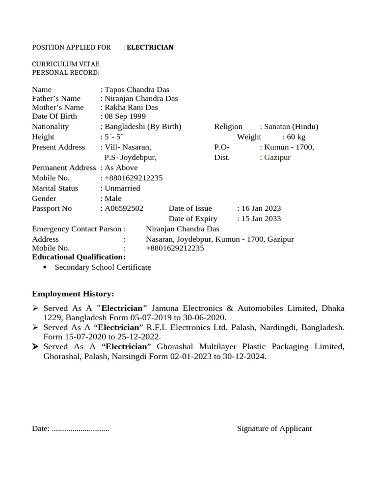 Bio - TAPOS CHANDRA DAS - Electrician | PDF