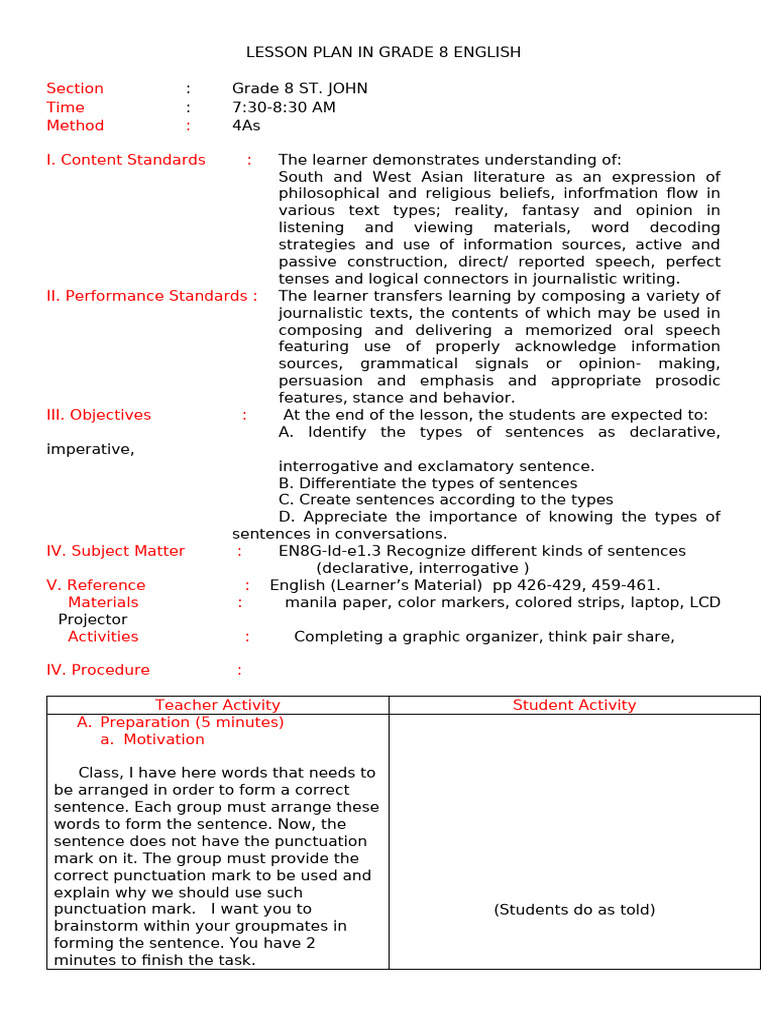 Grade 8 English: Types of Sentences Lesson | PDF | Question | Sentence ...