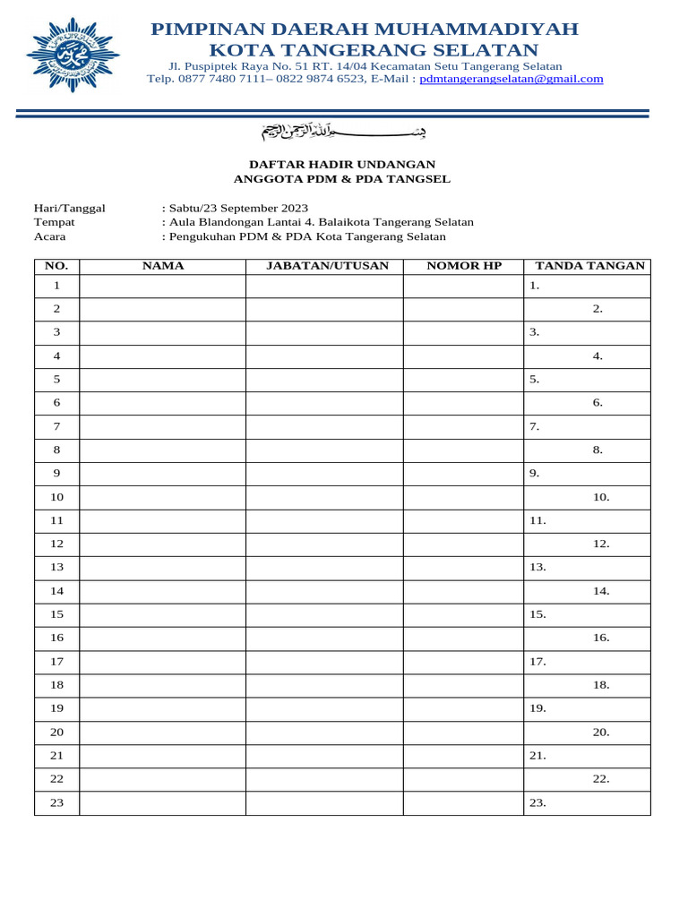 Daftar Hadir Pengukuhan (Anggota PDM & Pda) | PDF
