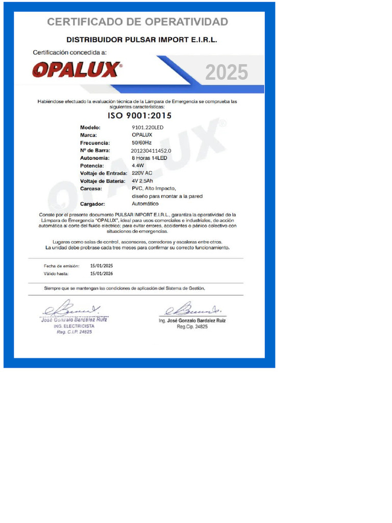 Certificado Opalux | PDF