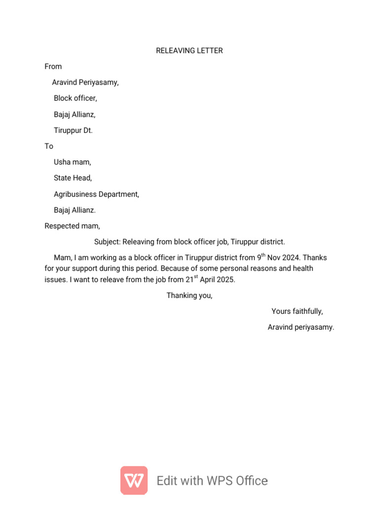 RELEAVING LETTER Aravind | PDF