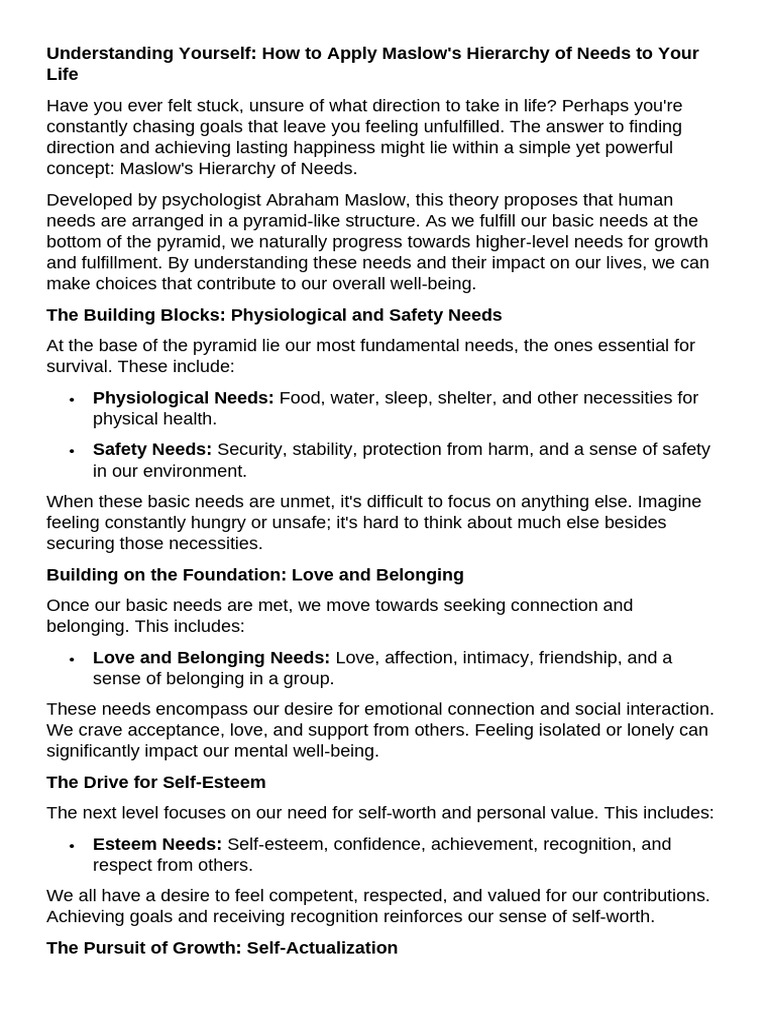 How to Apply Maslow's Hierarchy of Needs to Your Life | PDF | Self ...