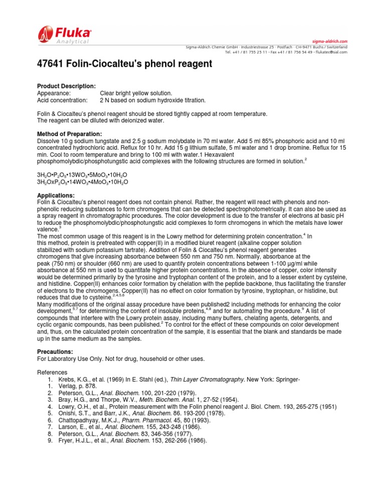Folin-Ciocalteu Phenol Reagent | Sodium | Chemical Compounds