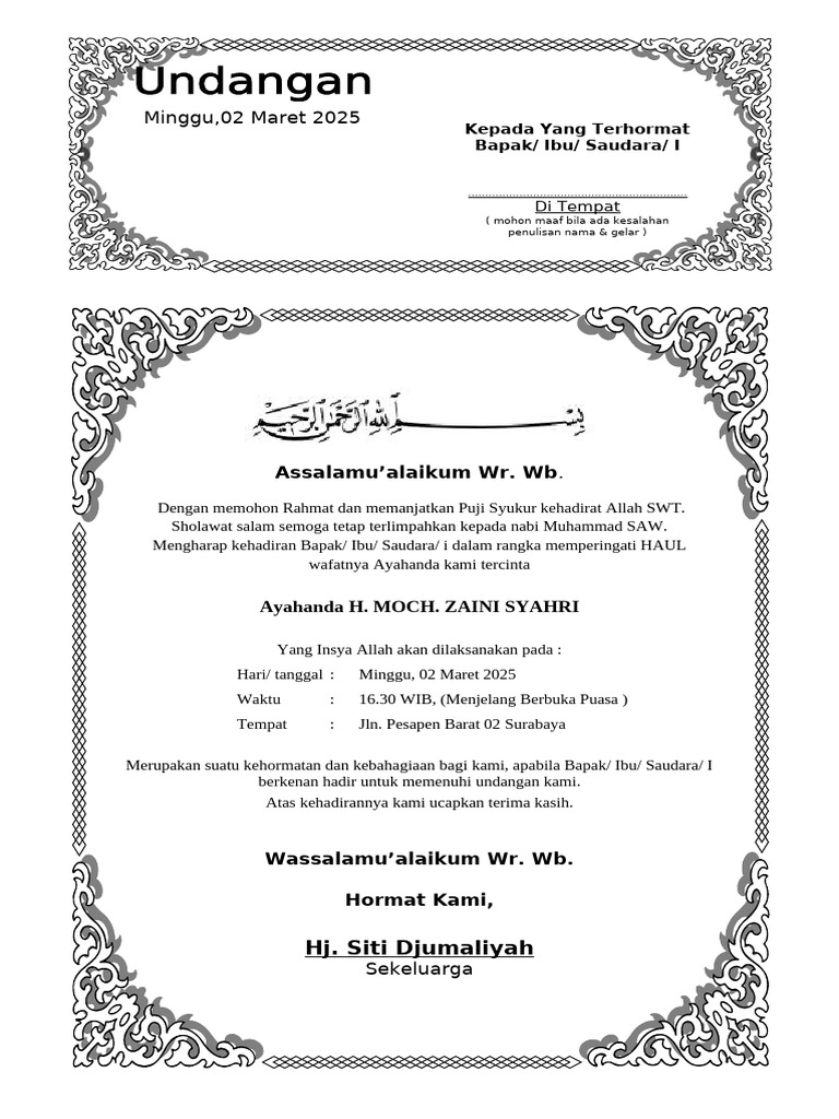 Undangan Haul H. Moch. Zaini Syahri | PDF