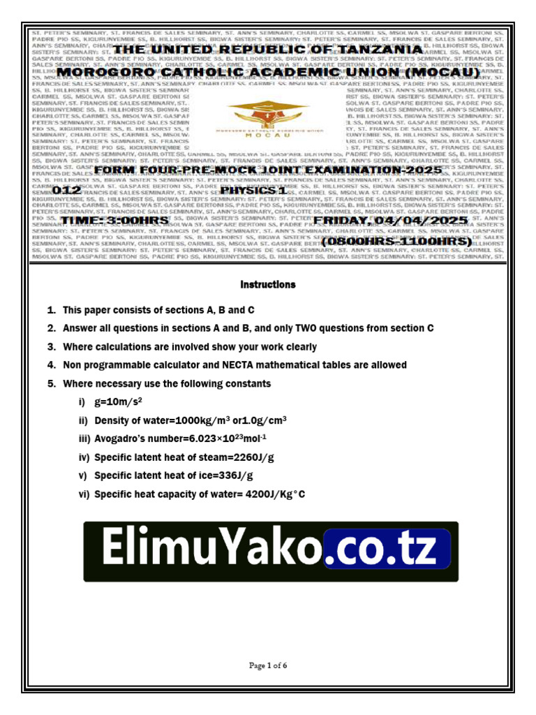 Mocau f4 Physics 1 QP 2025 Elimuyako - Co.tz PDF | PDF | Rectifier | Matter