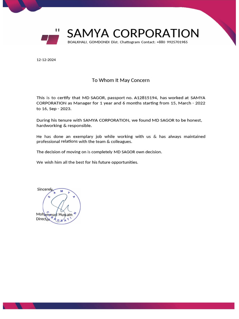 Experience Letter - MD Sagor | PDF