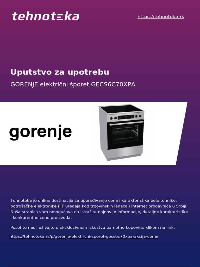Uputstvo Za Upotrebu Gorenje Elektricni Sporet Gecs6c70xpa ...