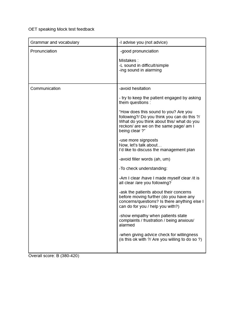 OET Speaking Mock Test Feedback | PDF
