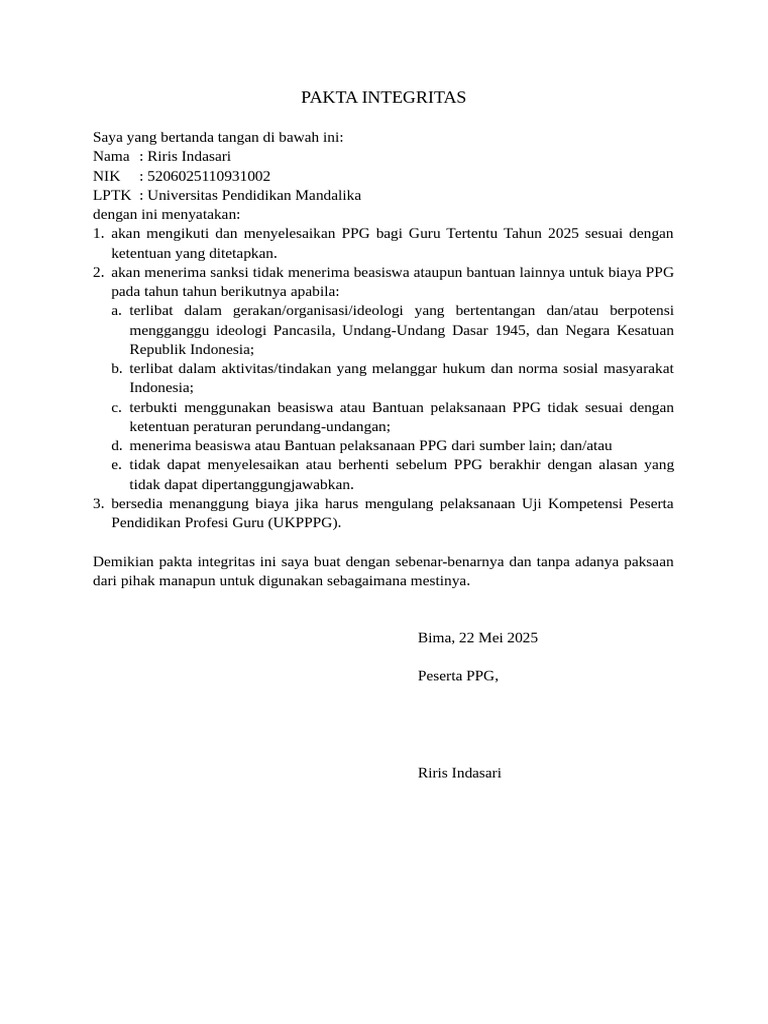 PAKTA_INTEGRITAS_MAHASISWA_PPG_GURU TERTENTU_2025 | PDF