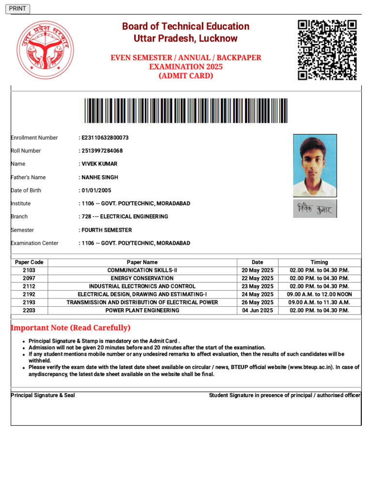 Https Bteup - Ac.in ESeva Student AdmitCard - Aspx EnrollNumber ...