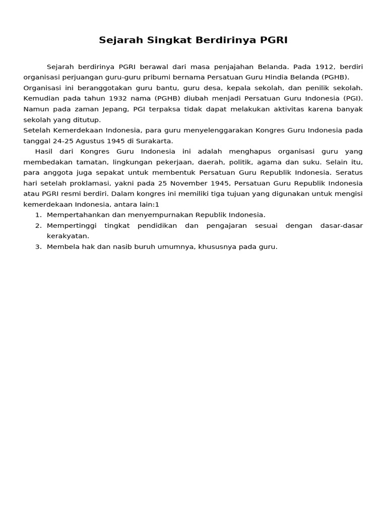 Sejarah Singkat Berdirinya PGRI | PDF