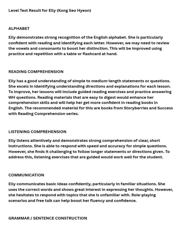 Level Test Result For Elly PDF | PDF