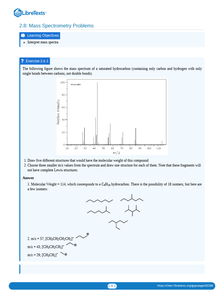 2.08 Mass Spectrometry Problems | PDF | Molecules | Mass To Charge Ratio