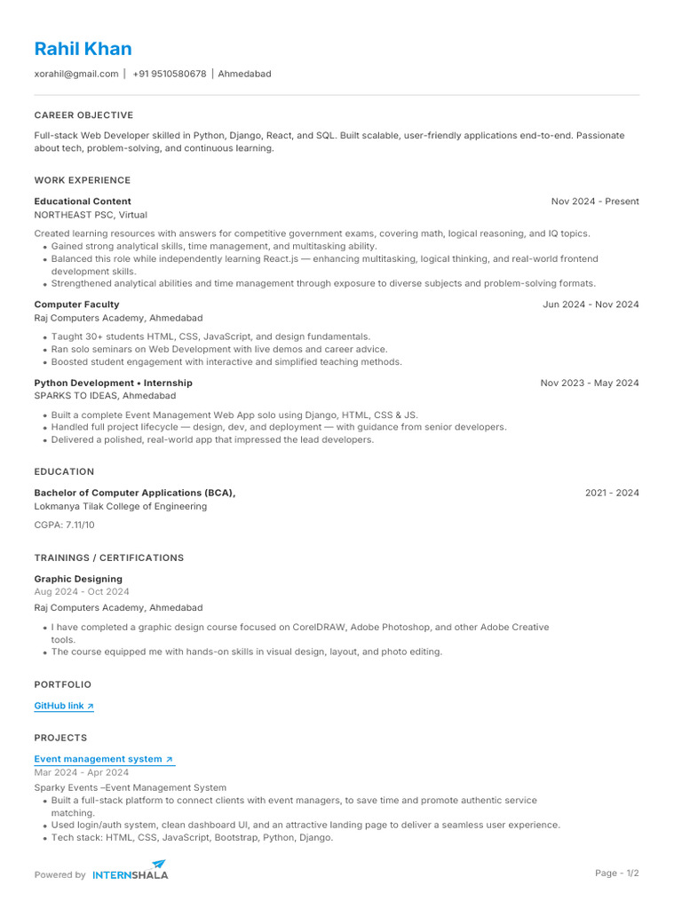 RahilKhan InternshalaResume | PDF | Web Development | Computing