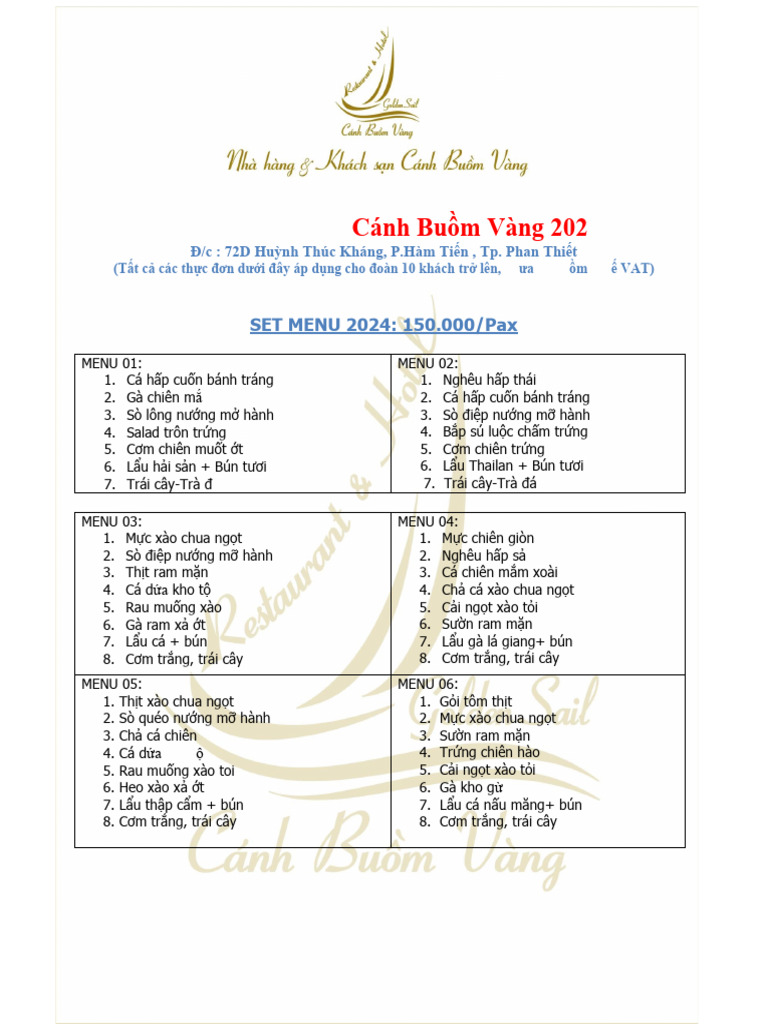 Set Menu Canh Buom Vang 2024 | PDF