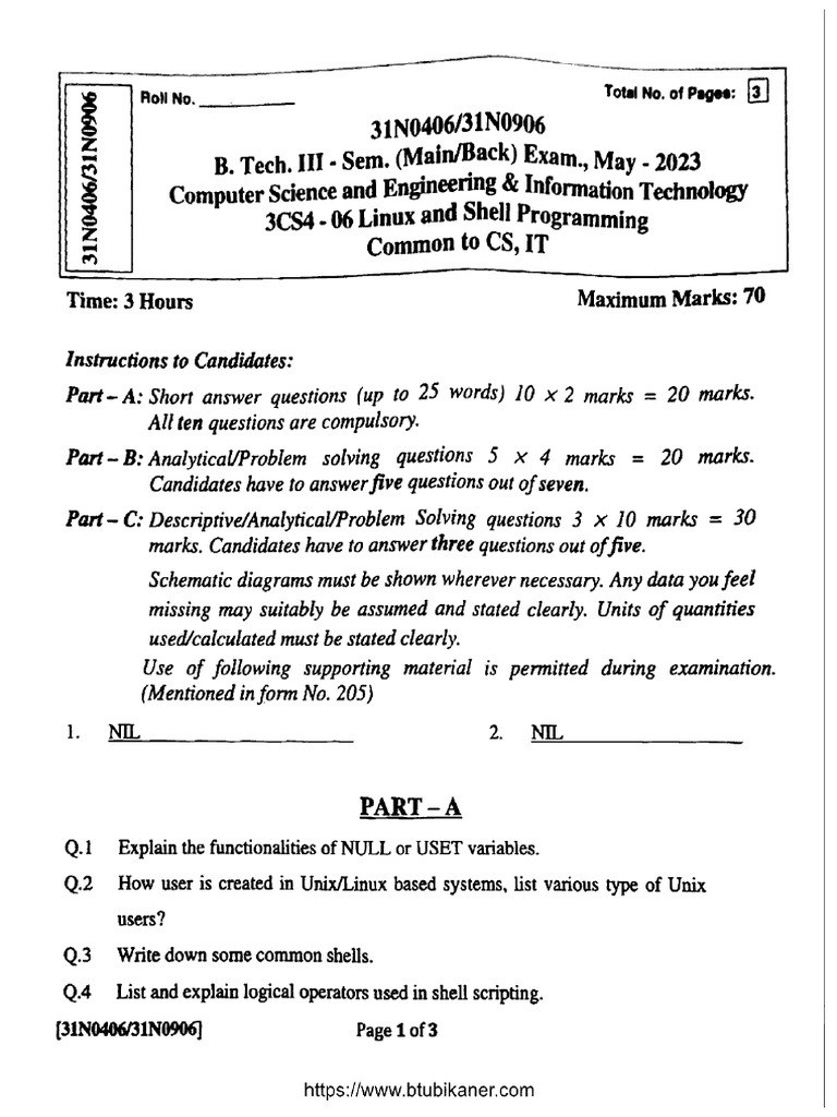 Btech Cs It 3 Sem Linux And Shell Programming 31n40406 May 2023 Pdf 0634