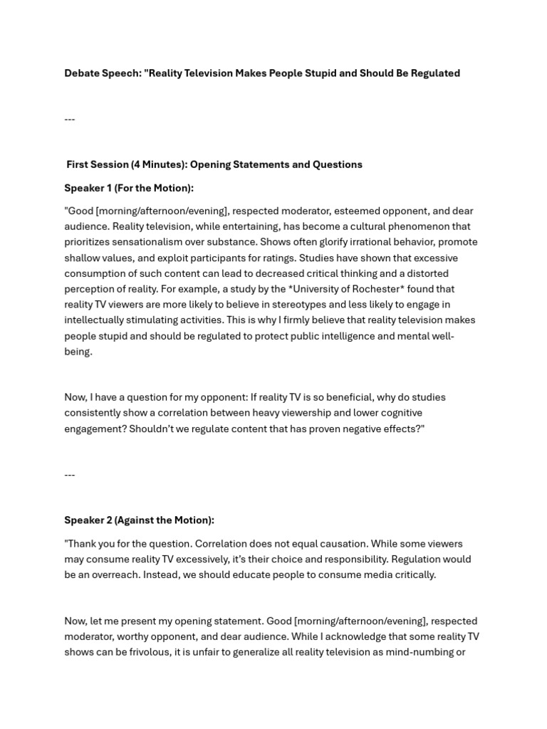 Debate Speech Main | PDF | Reality Television | Reality