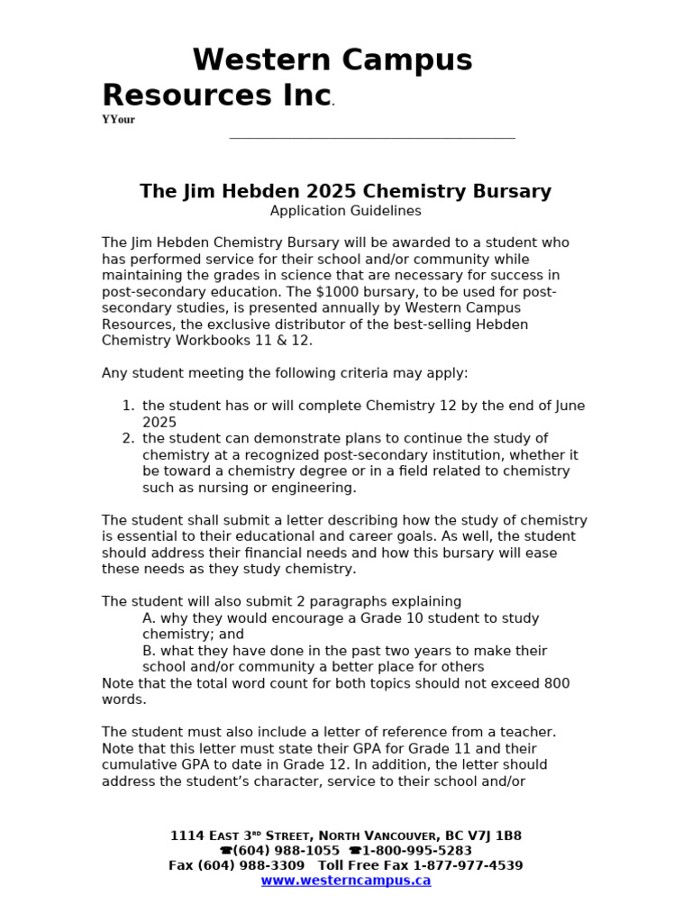 Jim Hebden 2025 Chemistry Bursary Application Guidelines | PDF