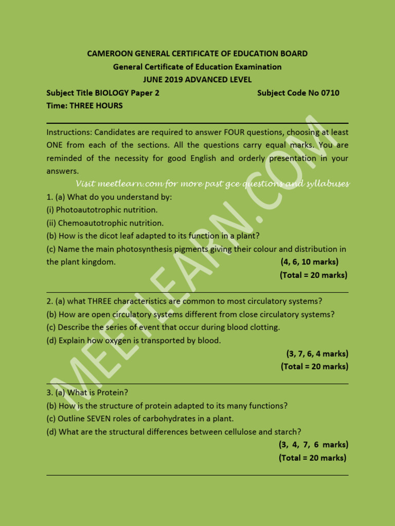 Cameroon GCE A Level Biology Paper 2 | PDF | Plants | Dominance (Genetics)